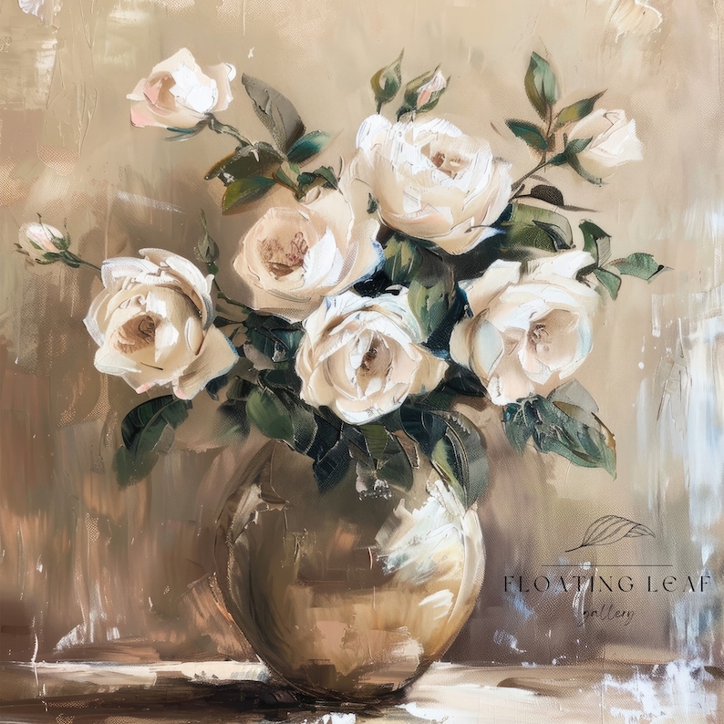 Vintage White Floral Still Life Painting Print, Rustic White Rose ...