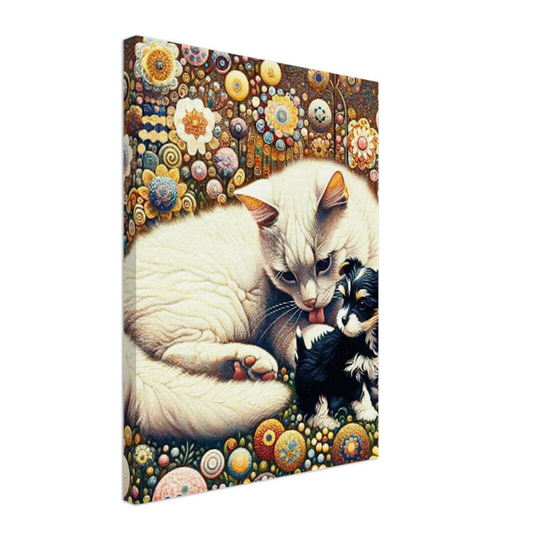 Black and White Dog and Cat Art Canvas – Whimsical Floral Pet Wall Art ...