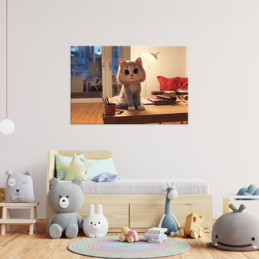 Cute Cat Canvas Print, Kitty Nursery Wall Art, Cat Painting, Nursery ...