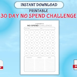 30 Day No Spend Challenge Printable Tracker Template | One Month ...
