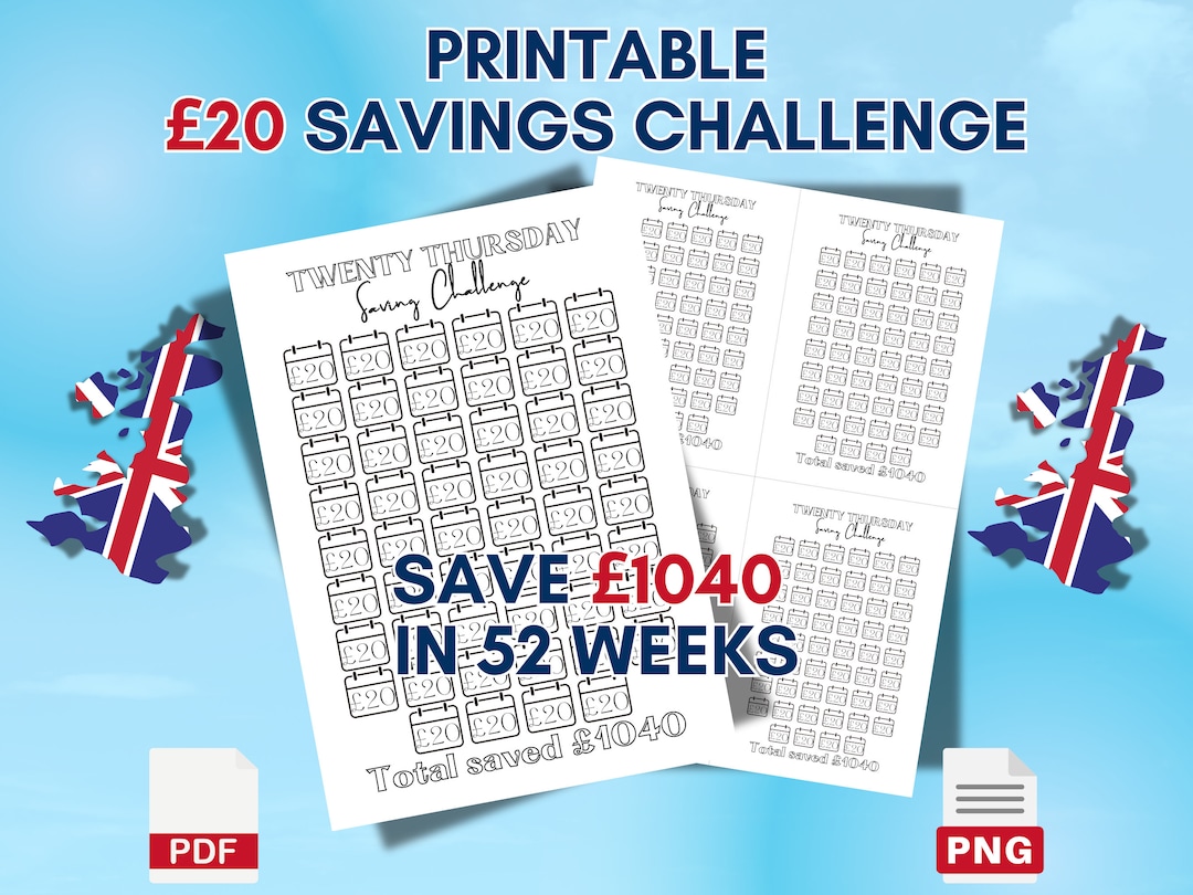 20 Pound Savings Tracker Printable UK Money Saving Challenge Budget ...