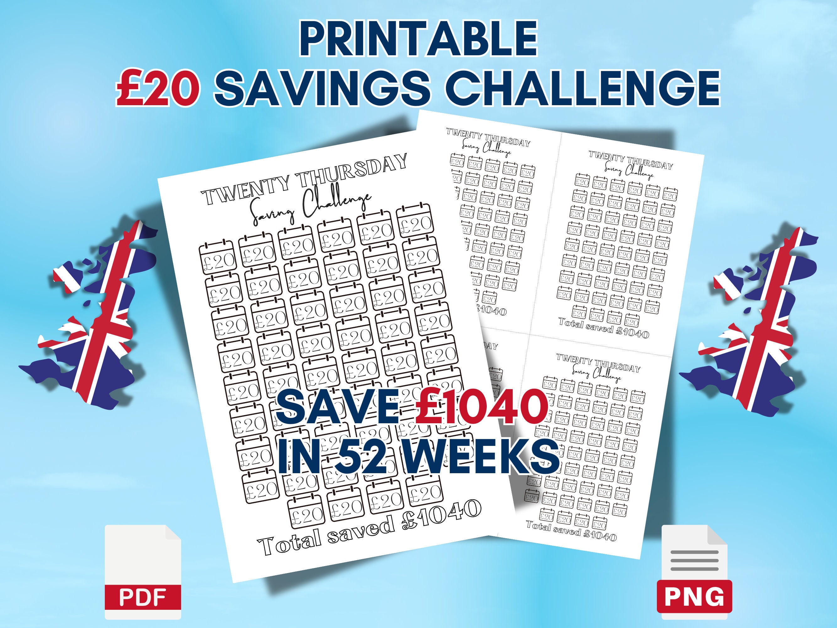 20 Pound Savings Tracker Printable UK Money Saving Challenge Budget ...