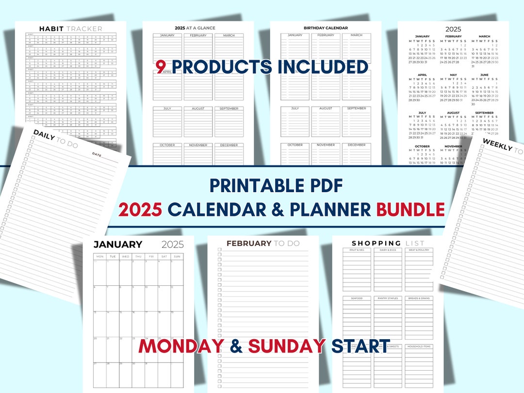 2025 Calendar & Planner Printable Bundle: Annual | Year at a Glance ...