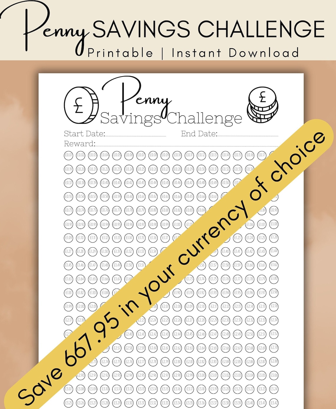 Penny Savings Challenge Printable, 1p 365 Days Goal Money Tracker, Pound Dollar Euro, Letter ...