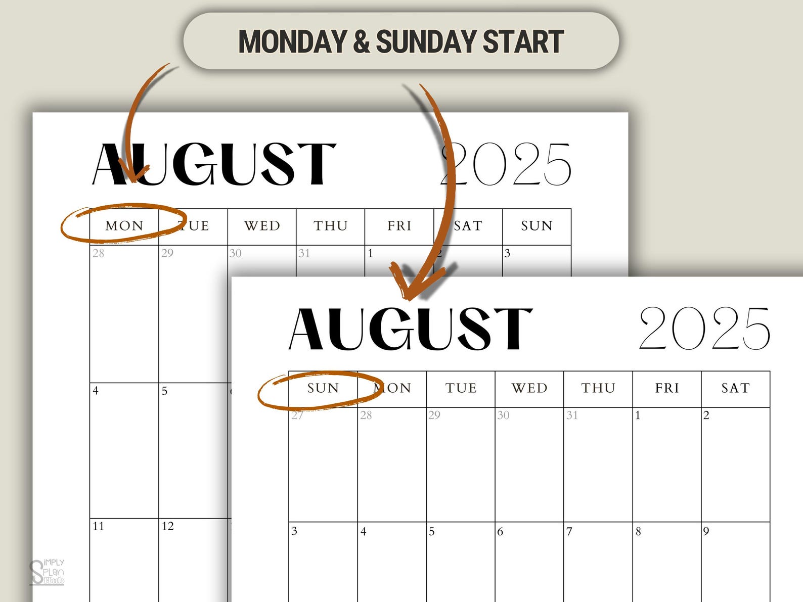 Printable Monthly Calendar 2025, Planner Template Monday & Sunday Start ...