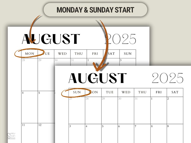 Printable Monthly Calendar 2025, Planner Template Monday & Sunday Start ...