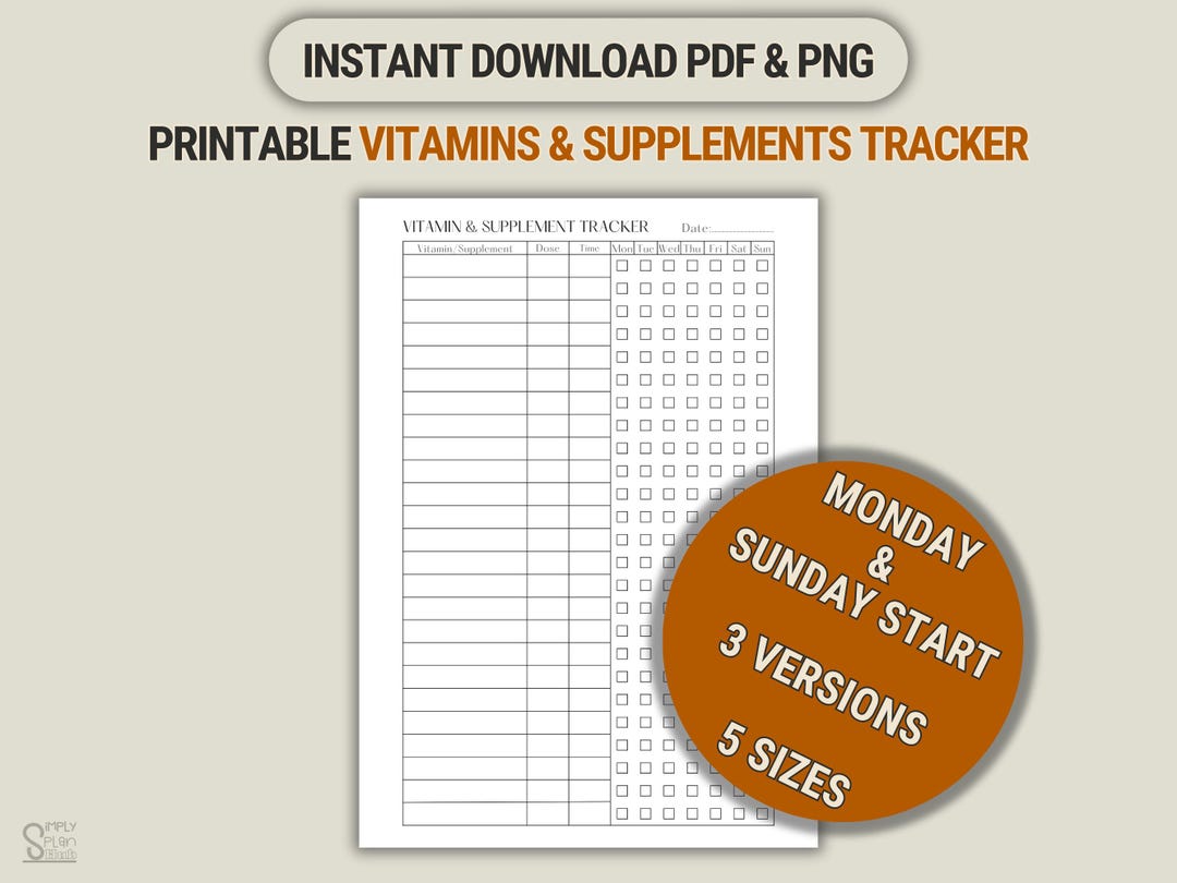 Weekly Supplement Tracker Printable, Daily Vitamin Intake Checklist ...