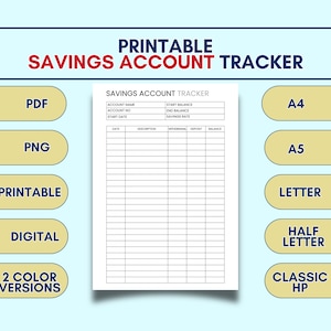 Savings Account Tracker Printable for Personal Finance Planner. Digital ...