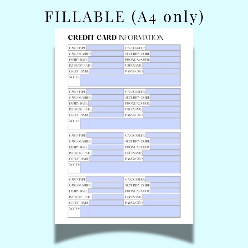 Credit Card Information Tracker Printable and Fillable Credit Card Log ...
