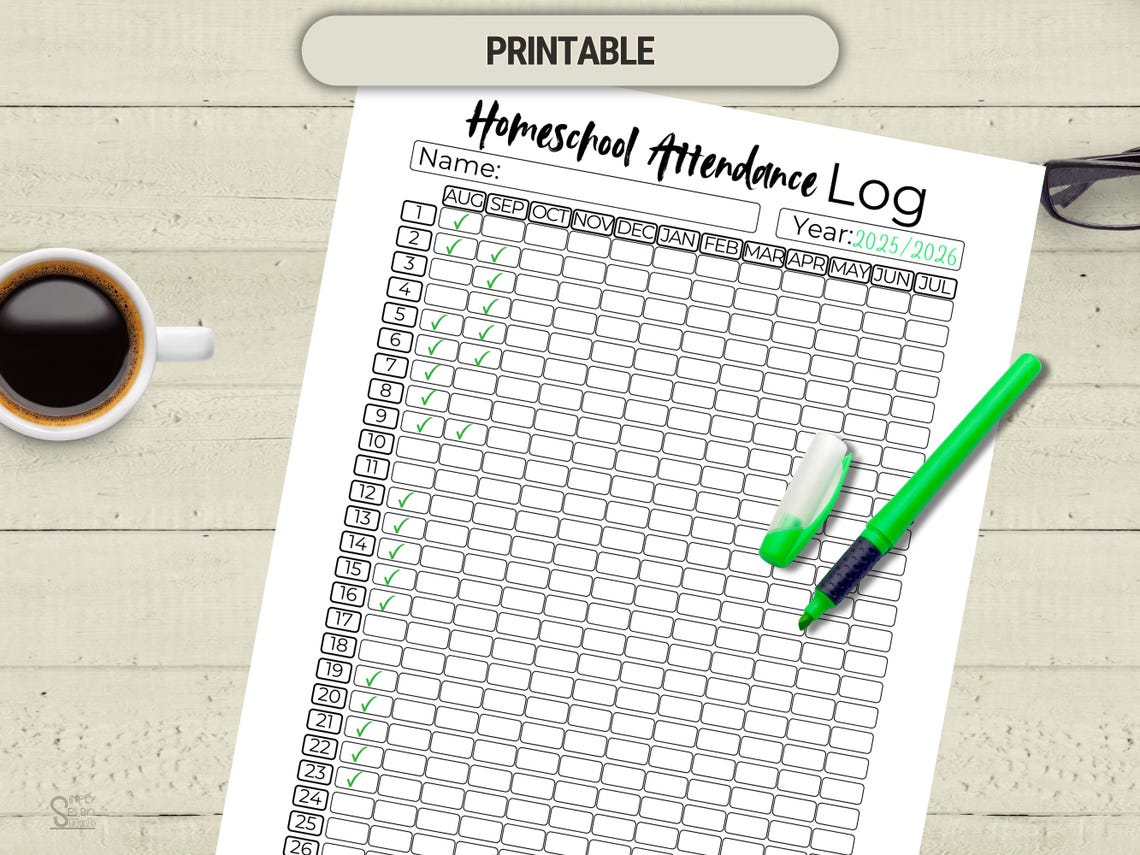Homeschool Attendance Log: Printable Tracker (PDF & PNG) - Etsy