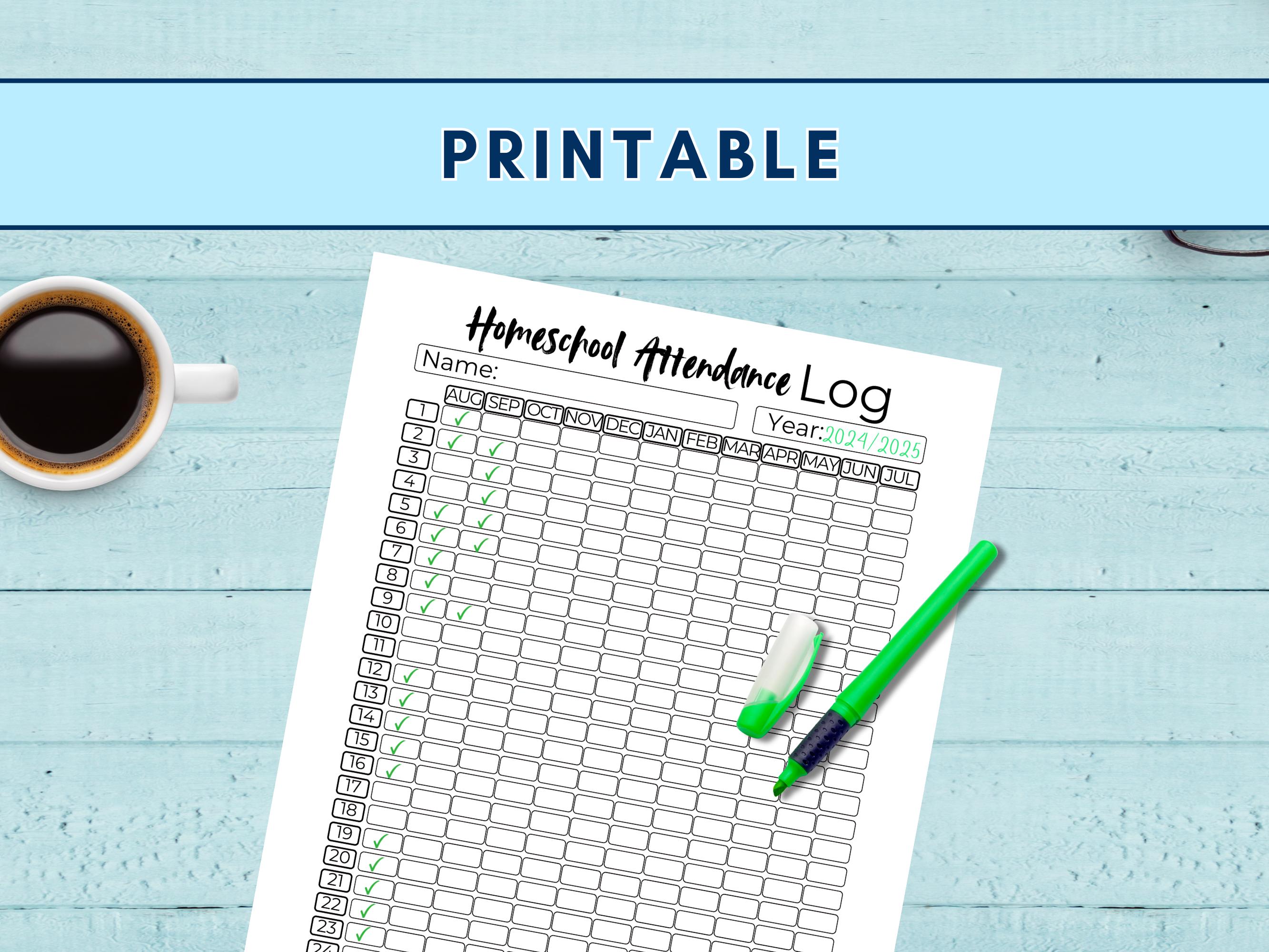 Homeschool Attendance Log | Printable Homeschooling Records Tracker ...