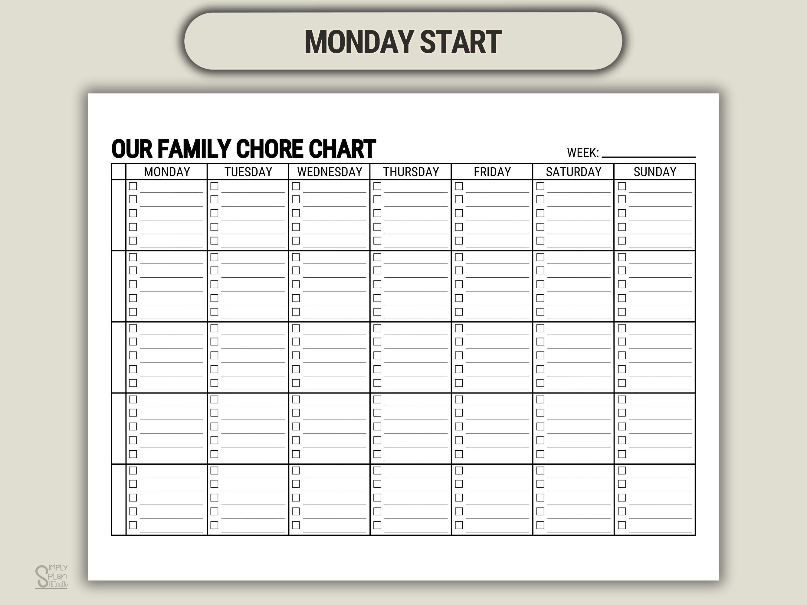 Family Chore Charts Printable Weekly Landscape Household Chores List ...