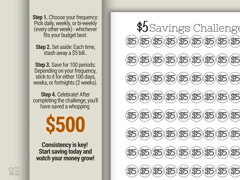 5 Dollar Bill Saving Challenge Printable Tracker Save 500 in 100 Days ...