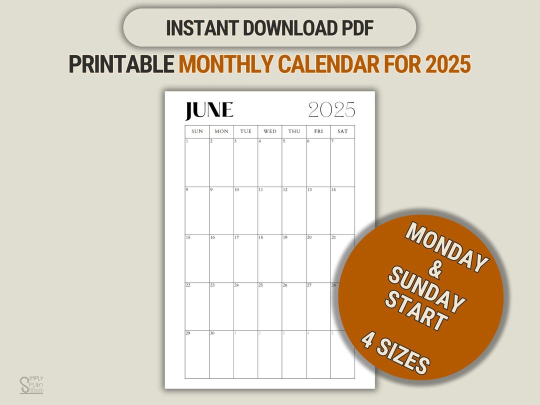 Printable Monthly Calendar 2025, Planner Template Monday & Sunday Start ...