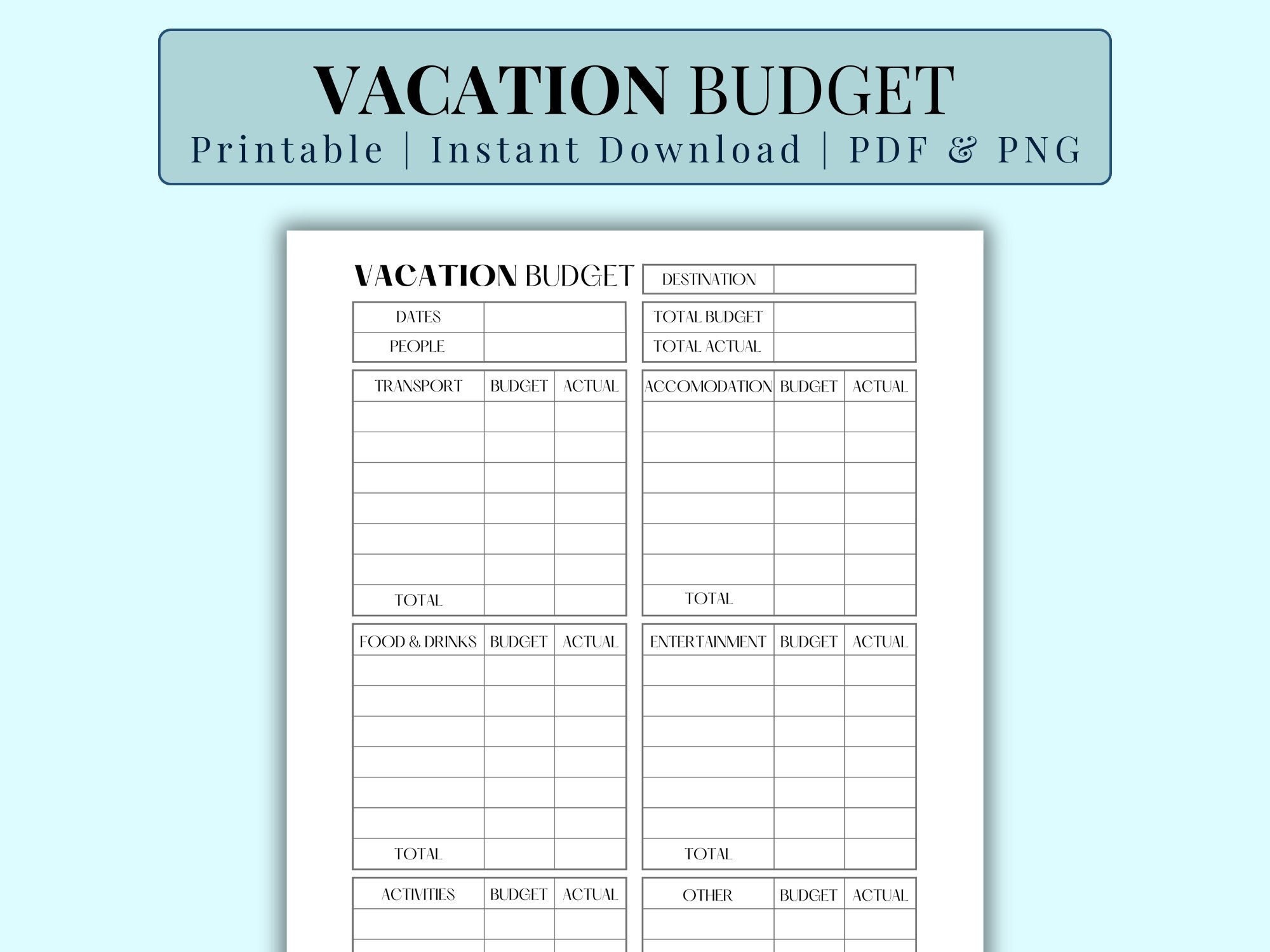 Vacation Budget Planner Printable Travel Spending Template Holiday ...