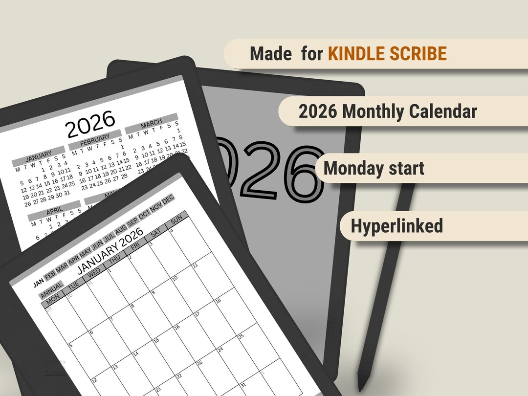 2026 Monthly Calendar for Kindle Scribe | MONDAY START | Fully ...