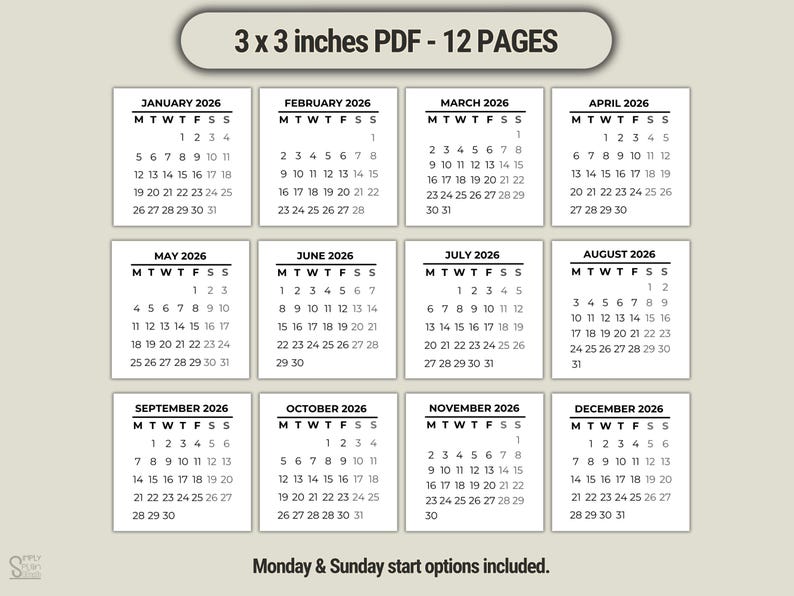 2026 Mini Calendar Printable: 3x3 Inch Small Square Calendar ...