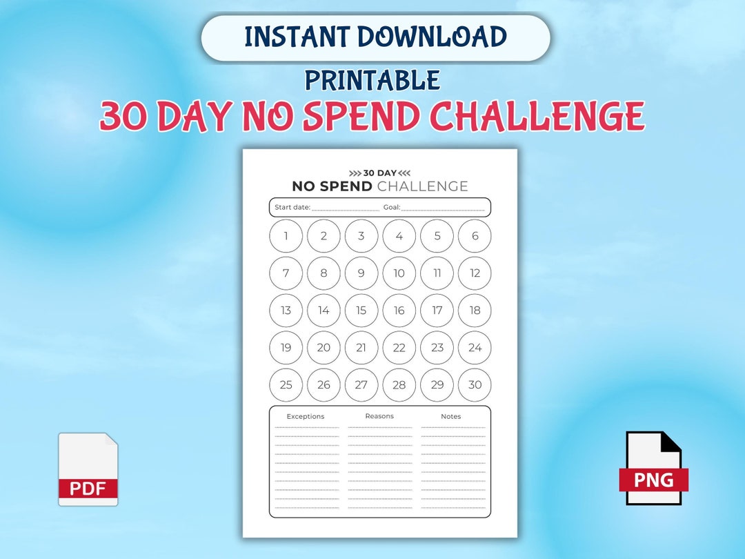 30 Day No Spend Challenge Printable Tracker Template | One Month ...