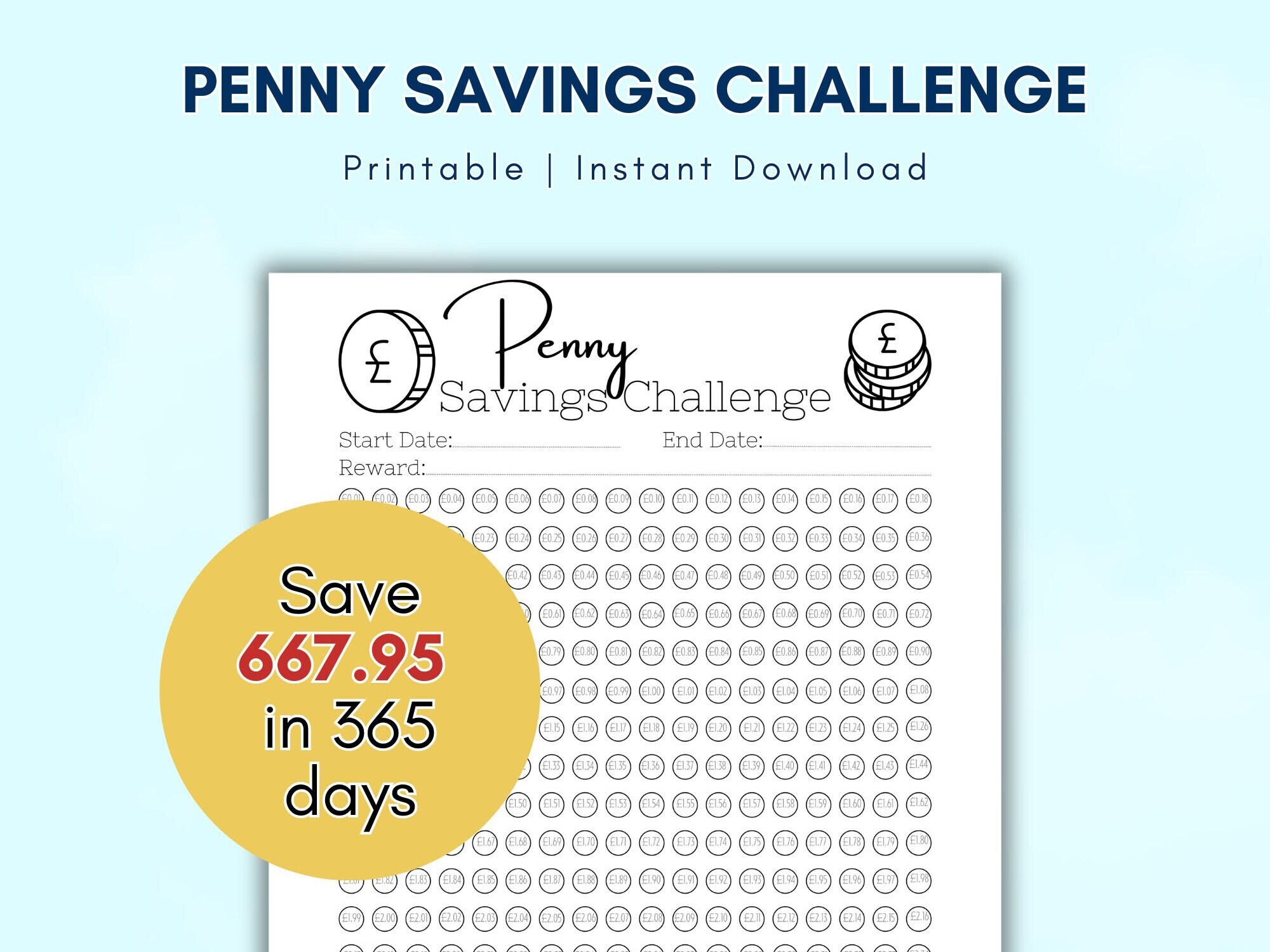 Penny Savings Challenge Printable, 1p 365 Days Goal Money Tracker, Pound Dollar Euro, Letter ...