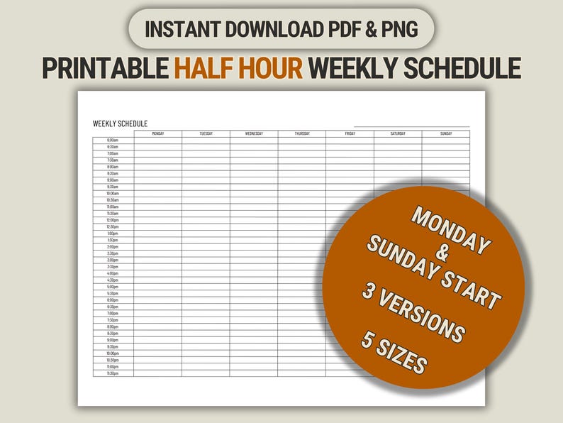 Half Hour Weekly Schedule Printable: A4/a5/letter Sizes (PDF & PNG) - Etsy
