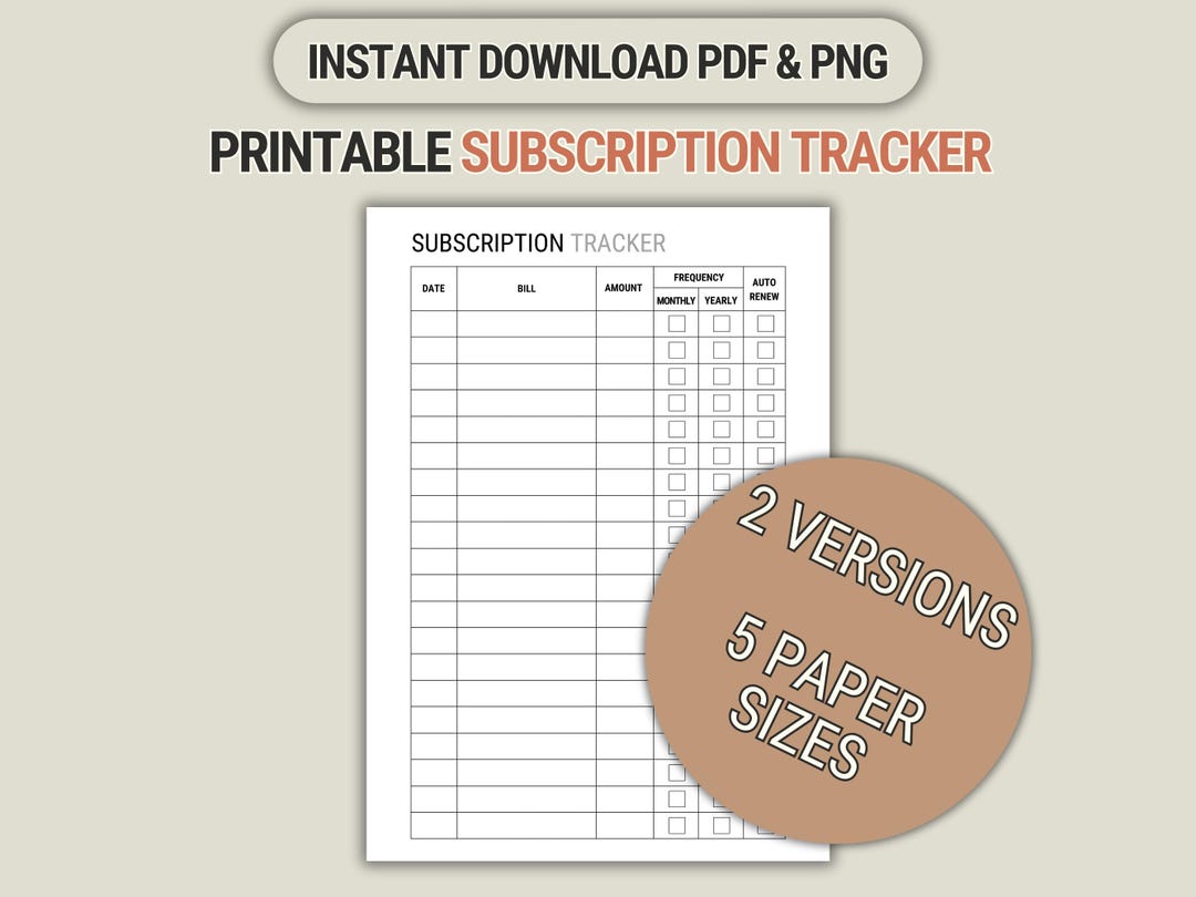 Subscription Tracker Printable: Simple Planner Insert (PDF & PNG) - Etsy