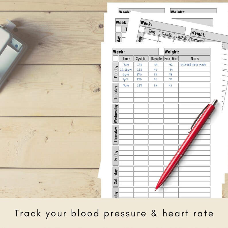 Blood Pressure Log Printable, High BP Tracker Template for Hypotension ...