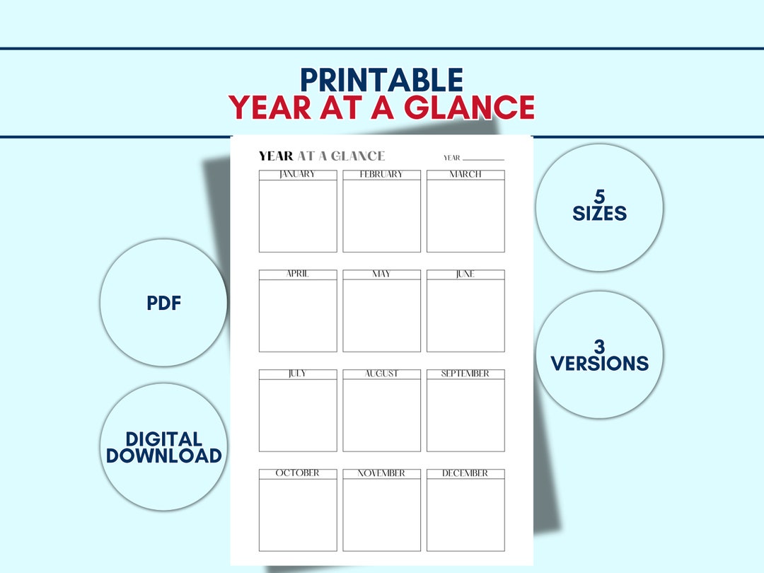 Year at a Glance Printable Annual Planner Insert | Yearly Overview ...