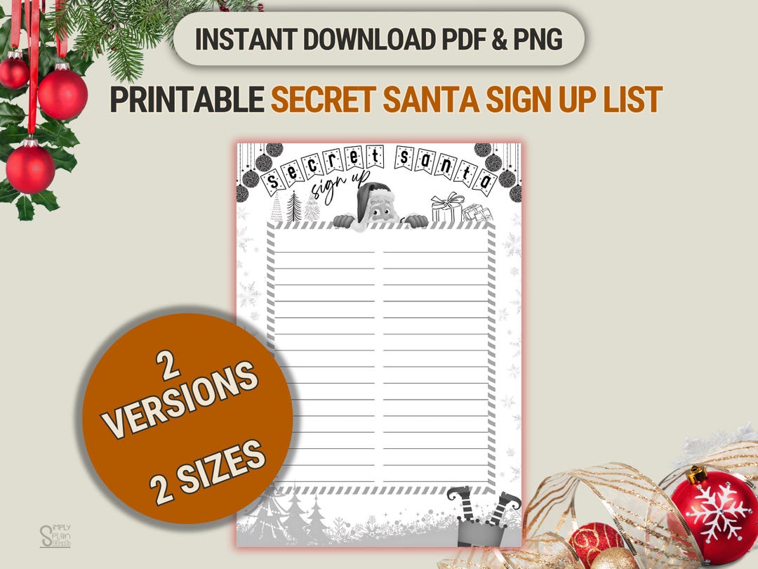 Secret Santa Sign up Sheet Printable Christmas Gift Exchange List for ...