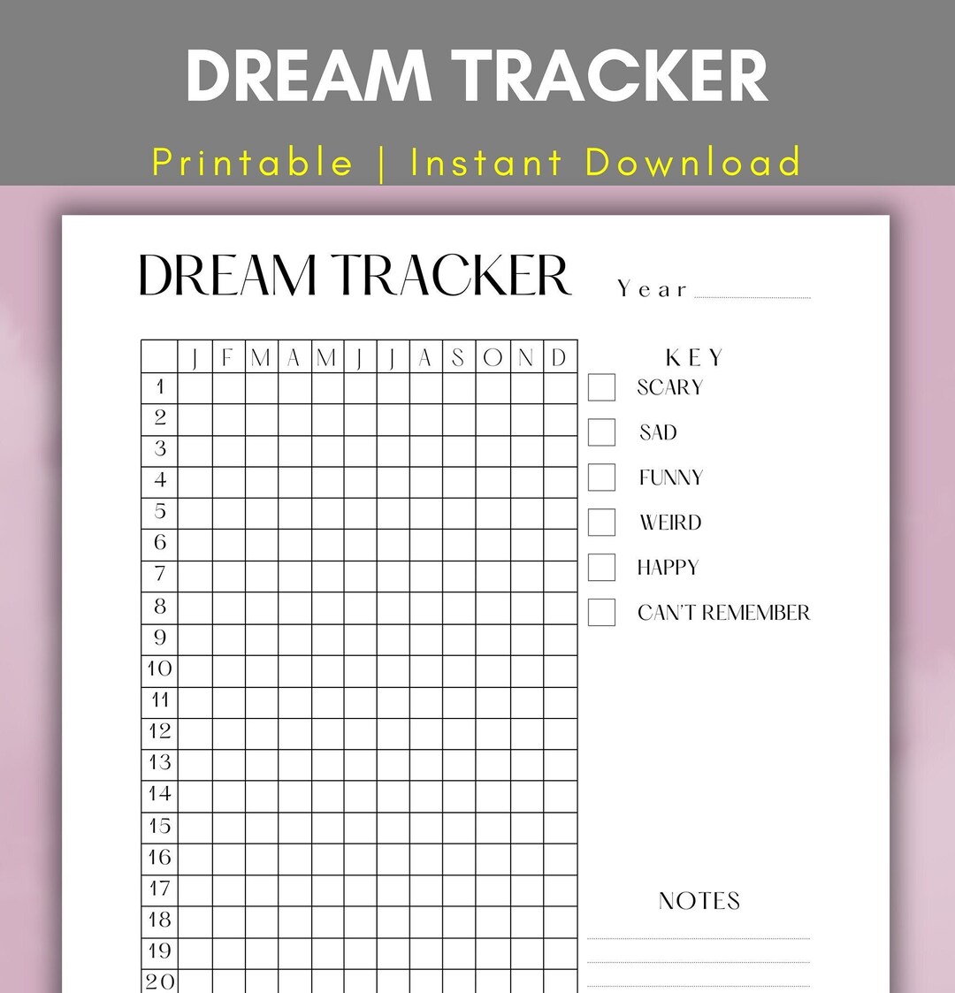 Dream Tracker Printable Journal Page, A Year in Pixels Dreams Chart to ...