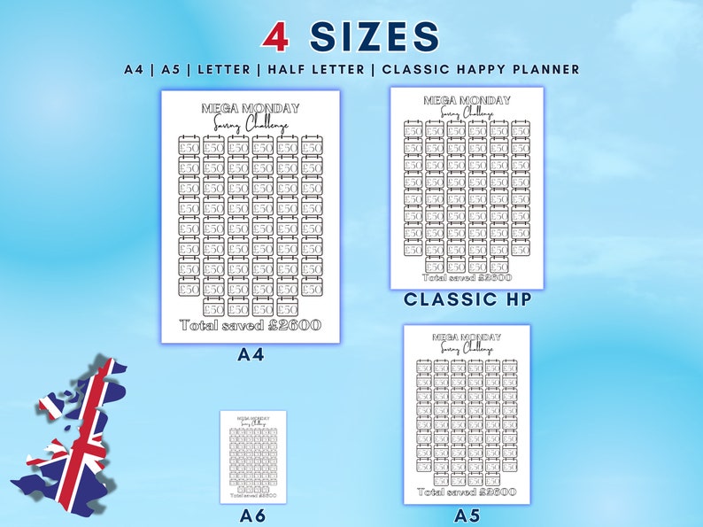 UK Money Saving Challenge Printable: 50 Pounds, 52 Week Tracker (PDF ...