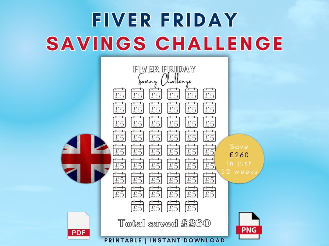 UK Money Savings Challenge Printable Template Fiver Friday 5 Pounds ...