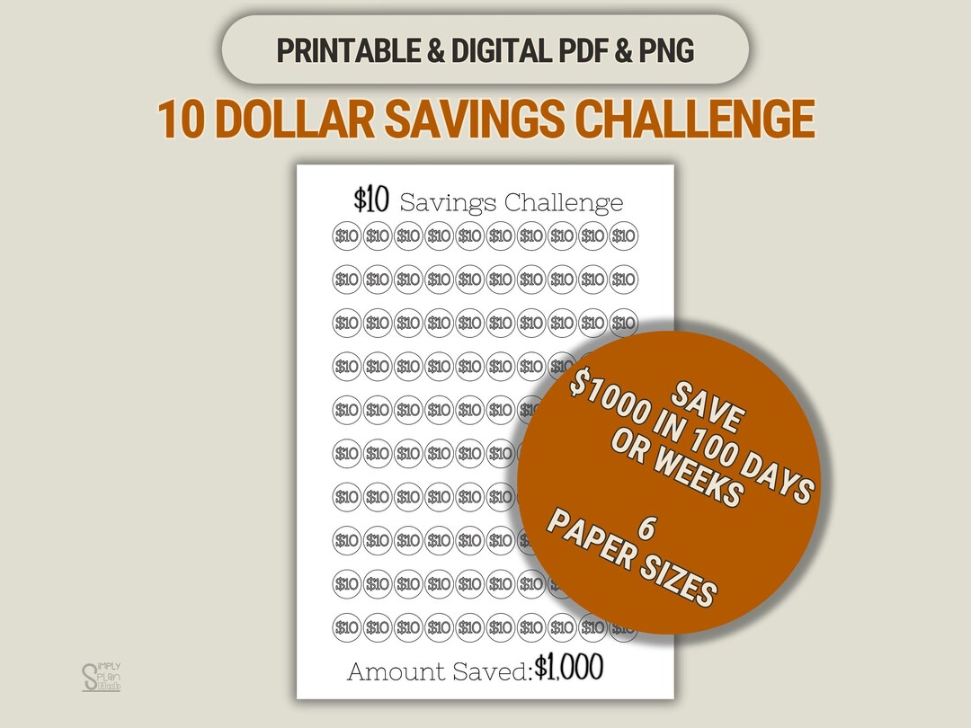 10 Dollar Savings Challenge Tracker: Save 1,000 Dollars (PDF/PNG ...
