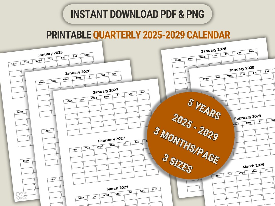 2025-2029 Quarterly Calendar: 3-months per Page (printable PDF) - Etsy