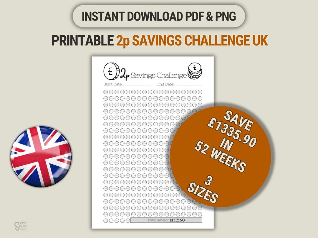 2p Saving Challenge UK Printable Money Tracker Instant Download — 2 ...
