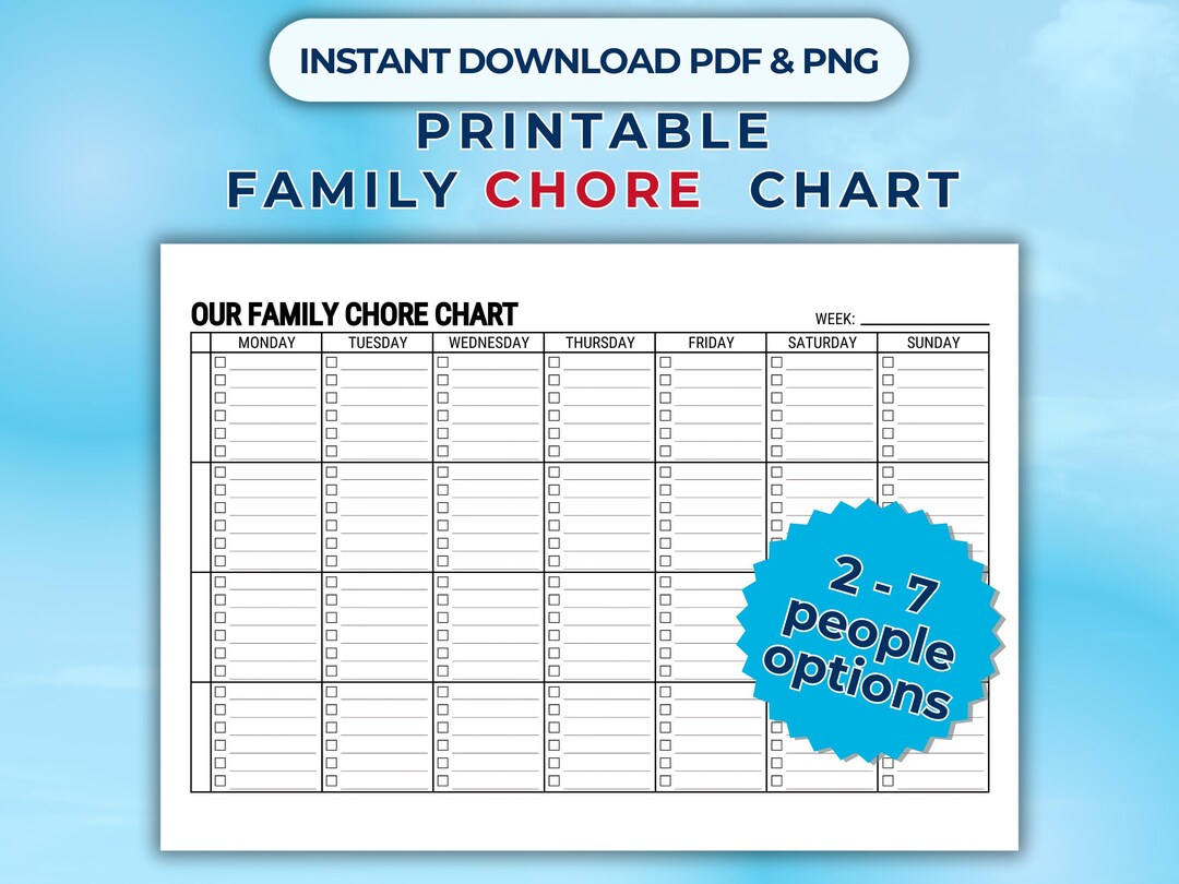 Weekly Family Chore Chart Printable and Digital PDF, Landscape ...