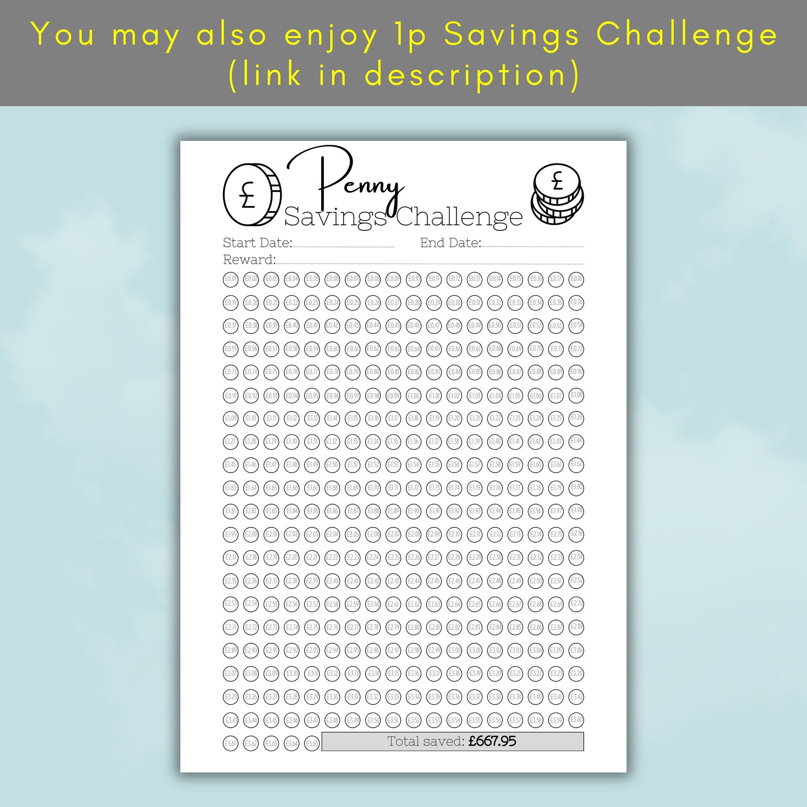 2p Money Saving Challenge Printable, UK Cash Tracker Instant Download 2 ...