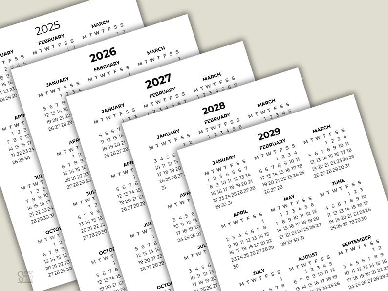 5-year Calendar 2025-2029 Printable: Year-at-a-glance Planner (PDF) - Etsy