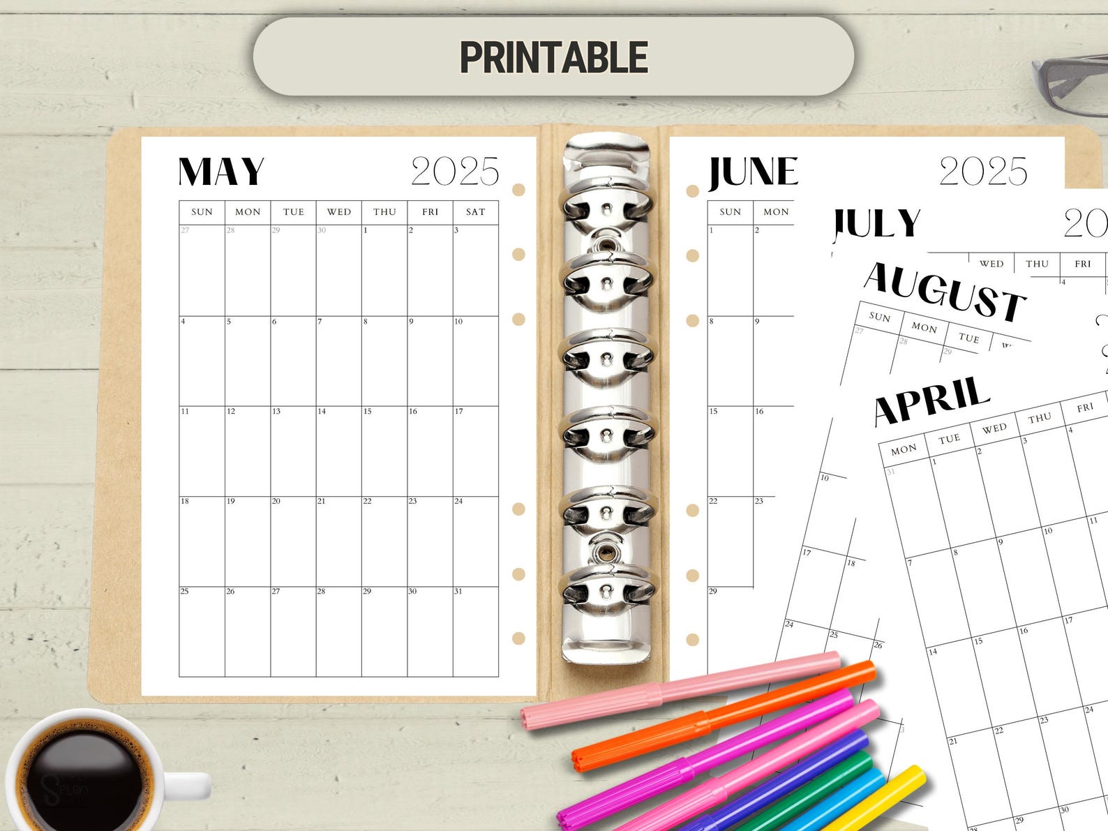 Printable Monthly Calendar 2025, Planner Template Monday & Sunday Start ...