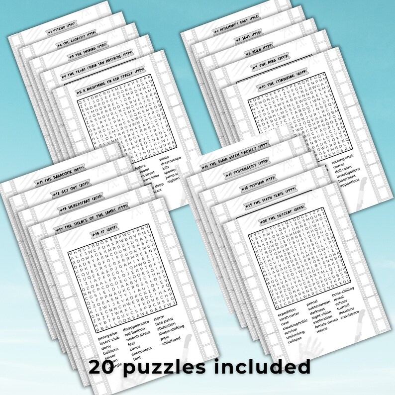 Horror Movies Themed Printable Word Search 20 Wordsearch Puzzles for ...