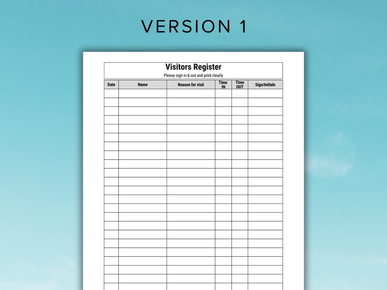Printable Visitor Log Business Sign in & Out Sheet Client Logbook ...