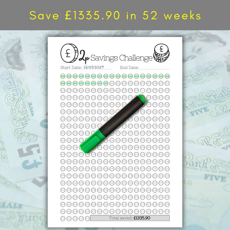 2p Money Saving Challenge Printable, UK Cash Tracker Instant Download 2 ...