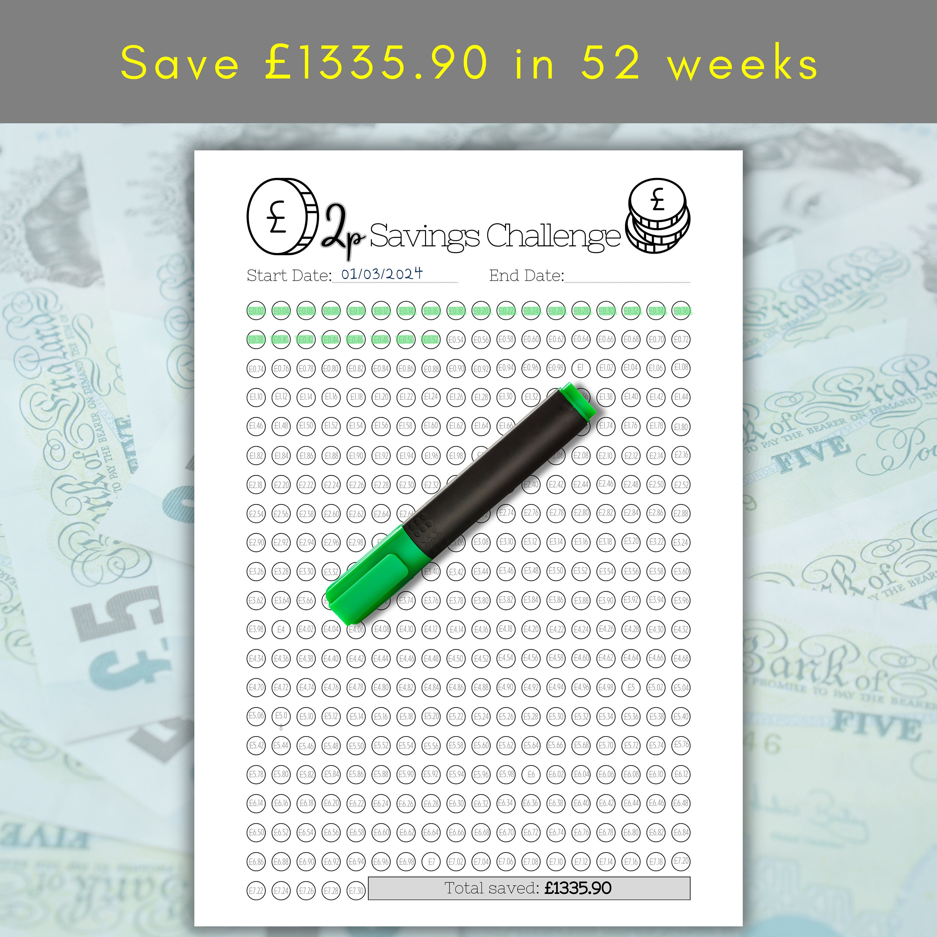 2p Money Saving Challenge Printable, UK Cash Tracker Instant Download ...