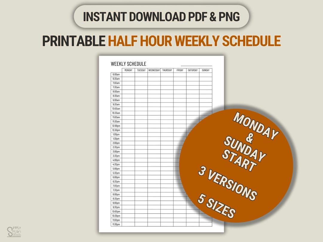 Half Hour Weekly Schedule Printable: A4/a5/letter Sizes (PDF/PNG) - Etsy