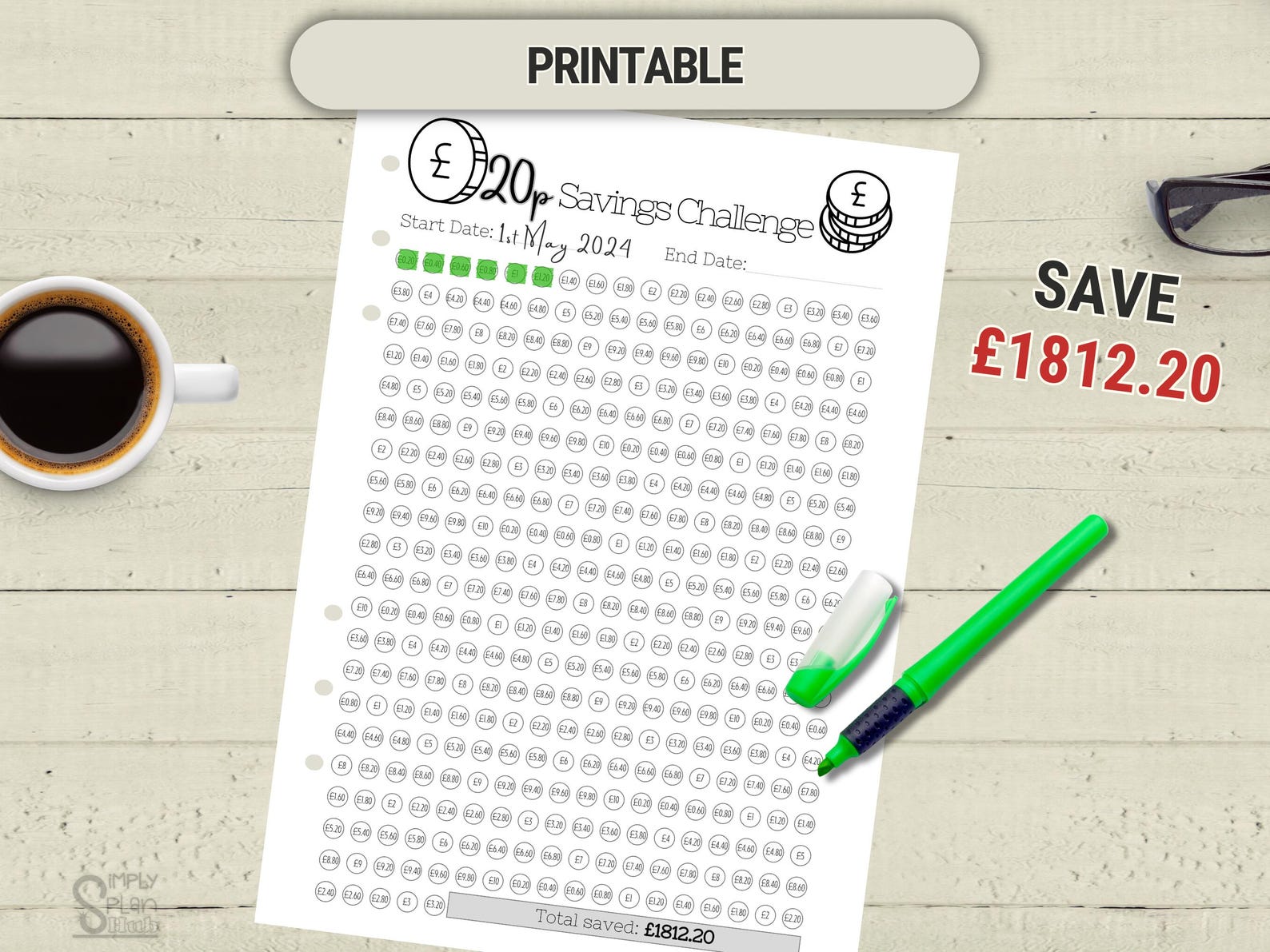 20p Savings Tracker: UK Money Challenge Printable (PDF, PNG) - Etsy