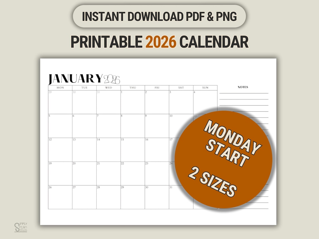 2026 Printable Calendar: Monthly Planner With Notes (PDF & PNG ...