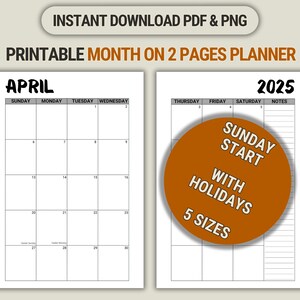 2025 Monthly Planner With Holidays Printable Month on 2 Pages 2025 ...