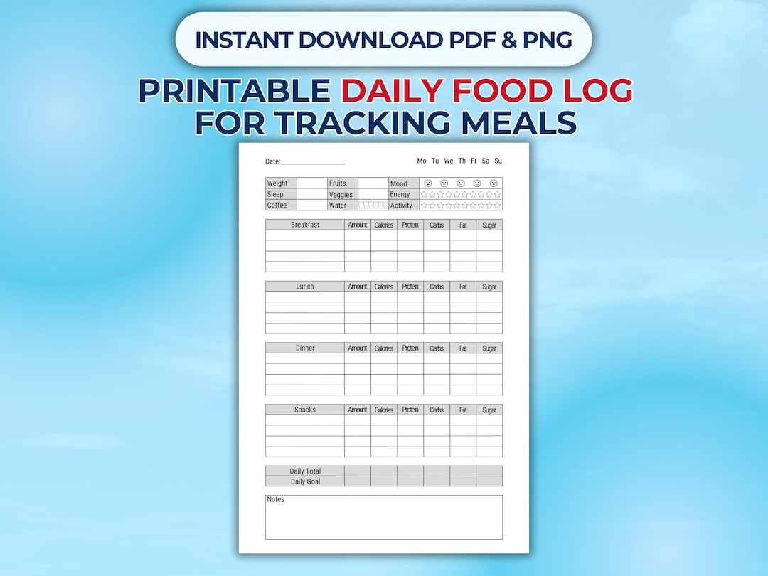 Daily Food Log Printable | Diary for Tracking Meals | Journal to Record ...