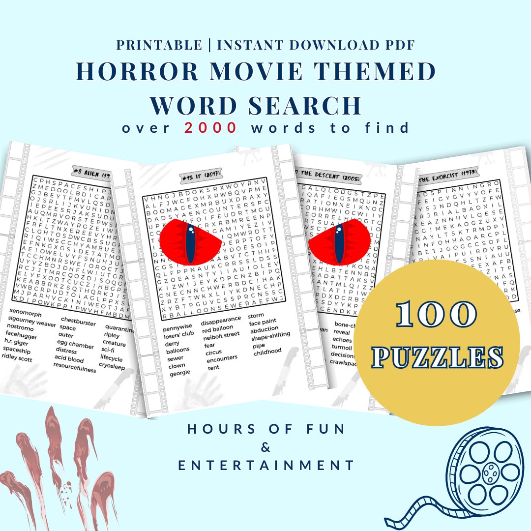 Printable Word Search Puzzles 100 Horror Movie Themed Wordsearch Games ...