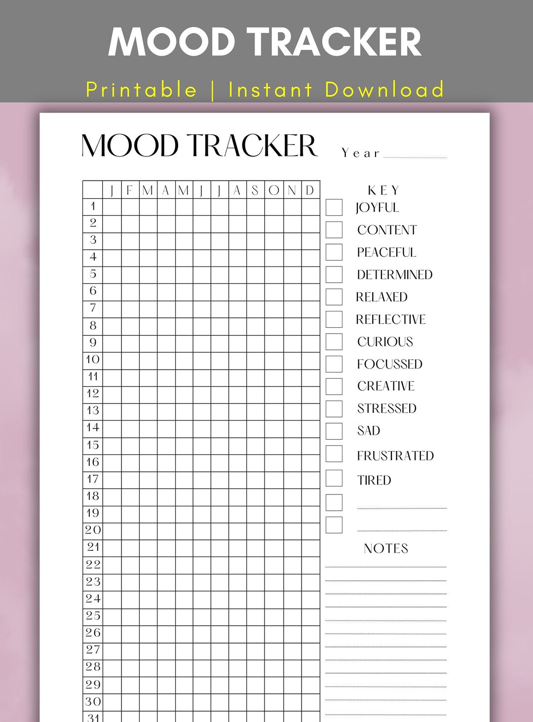 Mood Tracker Printable Template, A Year in Pixels Mood Journal, Emotion ...