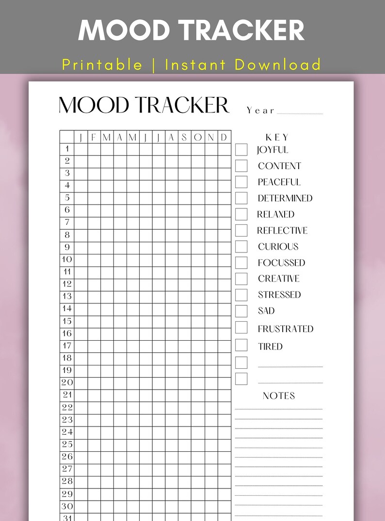 Mood Tracker Printable Template, A Year in Pixels Mood Journal, Emotion ...